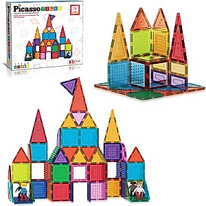 PicassoTiles Activity Center Table + 63 Piece Magnetic Building Tiles, 331pc Dual Size Building Blocks Play Table & Study Desk, Sandbox Water Tight Container Storage, 2 Character Figures 9 Tile Styles