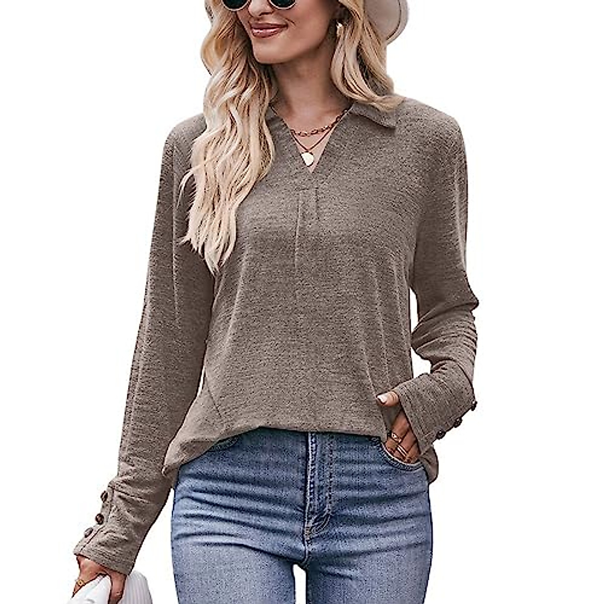 Western Tops for Women Long Sleeve V-Neck T Shirts Solid Color Button Down Blouses Loose Fit Hide Belly Fat Tunics