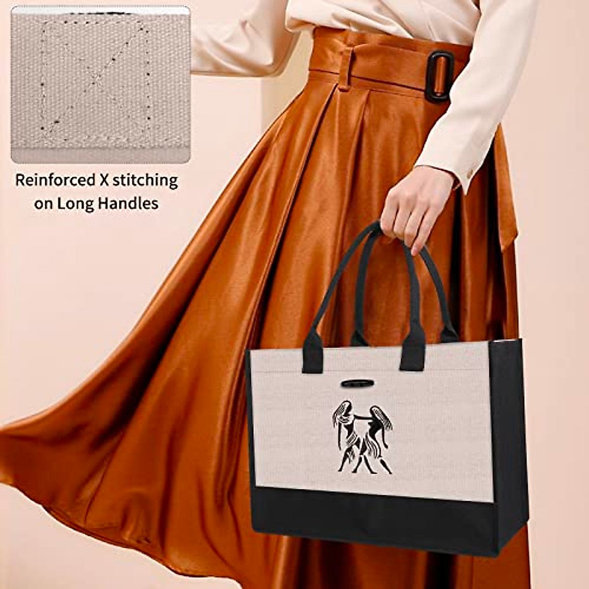 Aricsen Reusable Grocery Shopping Personalized Gift Burlap Jute Canvas Tote Bag Women Handbags with Handles Bulk Carry, Friends Bridesmaid Sister Daughter Birthday, Beach, Holidays (Gemini, Large)