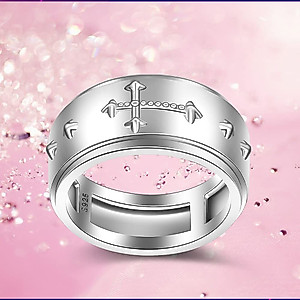 Talonior Fidget Cross Rosary Spinner Ring Sterling Silver Anxiety Ring with Beads for Women Praying Christian Religious Catholic Engagement Promise Band Rings Worry Size 9