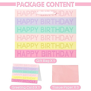 13" Large Happy Birthday Gift Bag with Tissue Paper, Card and Handles for Girls Women Kids Birthday Party (Colorful Stripes)