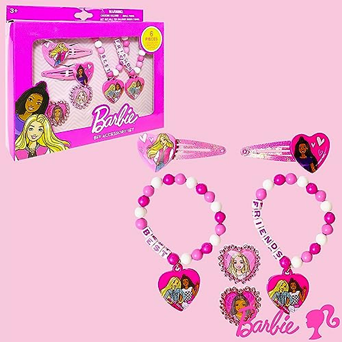 LUV HER Barbie Accrssories Girls BFF 6 Piece Toy Jewelry Box Set with 2 Rings, 2 Bead Bracelets and Snap Hair Clips Ages 3+