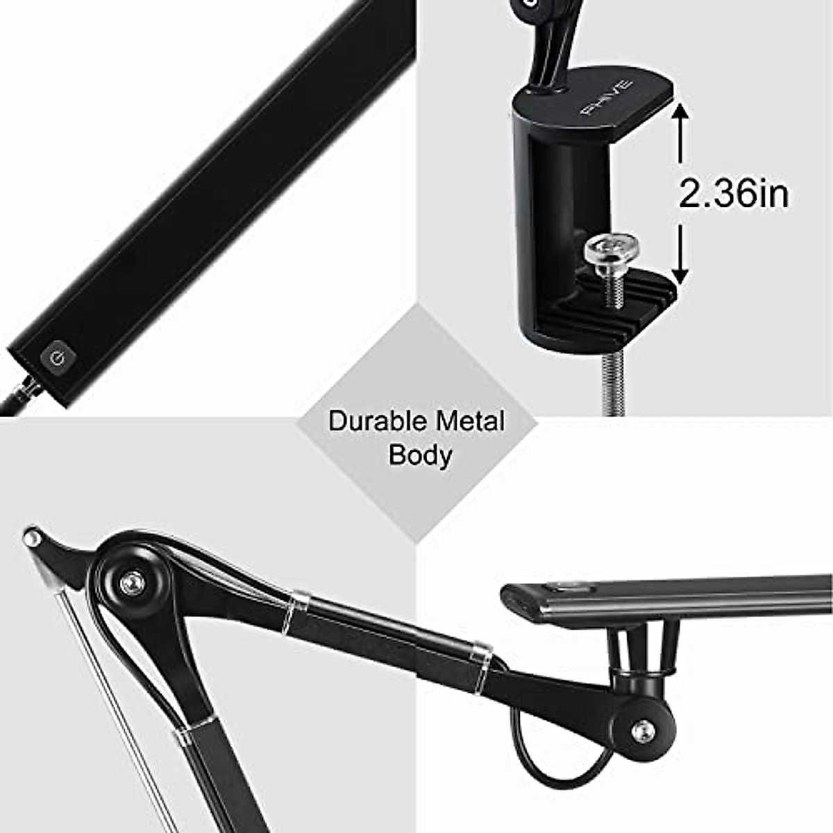 PHIVE LED Desk Lamp, Architect Task Lamp, Metal Swing Arm Dimmable Drafting Table Lamp with Clamp (Touch Control, Eye-Care Technology, Highly Adjustable Office, Craft, Studio, Workbench Light) Black