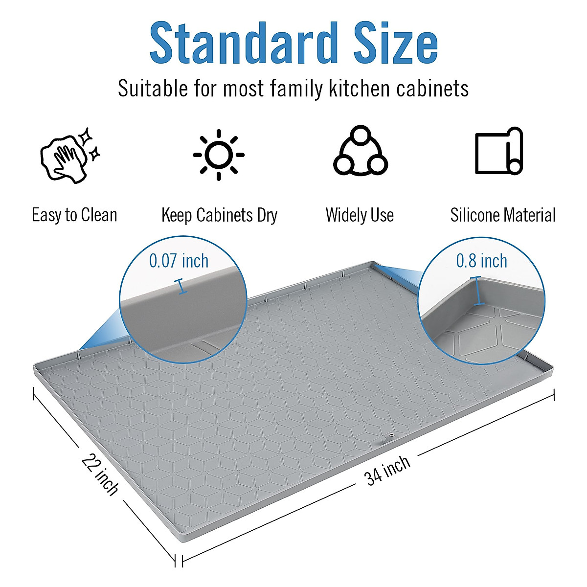 RENWA Under Sink Mat for Bathroom with Scrubber and Towel | 34’’x 22’’ | Silicone Under Sink Liner has Drain Hole | Cabinet Protector, Under Sink Tray for Drips, Leaks, Spills (Grey)