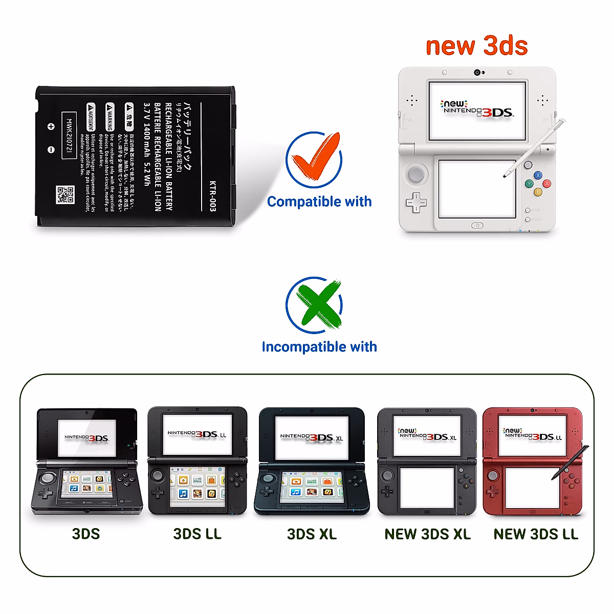 Xahpower New 3DS Battery Pack, 1400mAh Replacement Rechargeable Lithium-ion Battery KTR-003 Compatible with Nintendo New 3DS