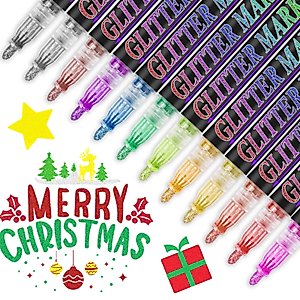 Celepen Glitter Marker Pens, 12 Colors Metallic Shimmer Glitter Markers Paint Pens, Glitter Art Marker for Kids Adults DIY Crafts Greeting Birthday Cards Making Poster Album Scrapbooking Wood