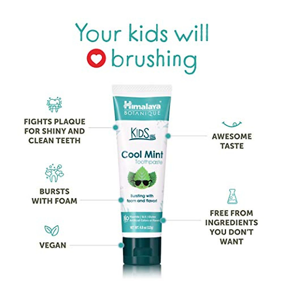 Himalaya Botanique Kids Toothpaste, Cool Mint, Fluoride-Free, Gentle, No Artificial Colors, SLS Free, Gluten Free, Cruelty Free, Vegan, Foaming, 4 Oz, 1 Pack…