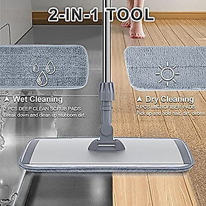 Sunally 18 Inch Professional Microfiber Floor Mop, Wet and Dust Mop with 4 Reusable Mop Pads, Gray