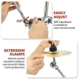 EXCEART Drum Extension Clamps Holder Adjustable Extension Arm Cymbal Boom Arm With Clamp Drum Accessories Silver