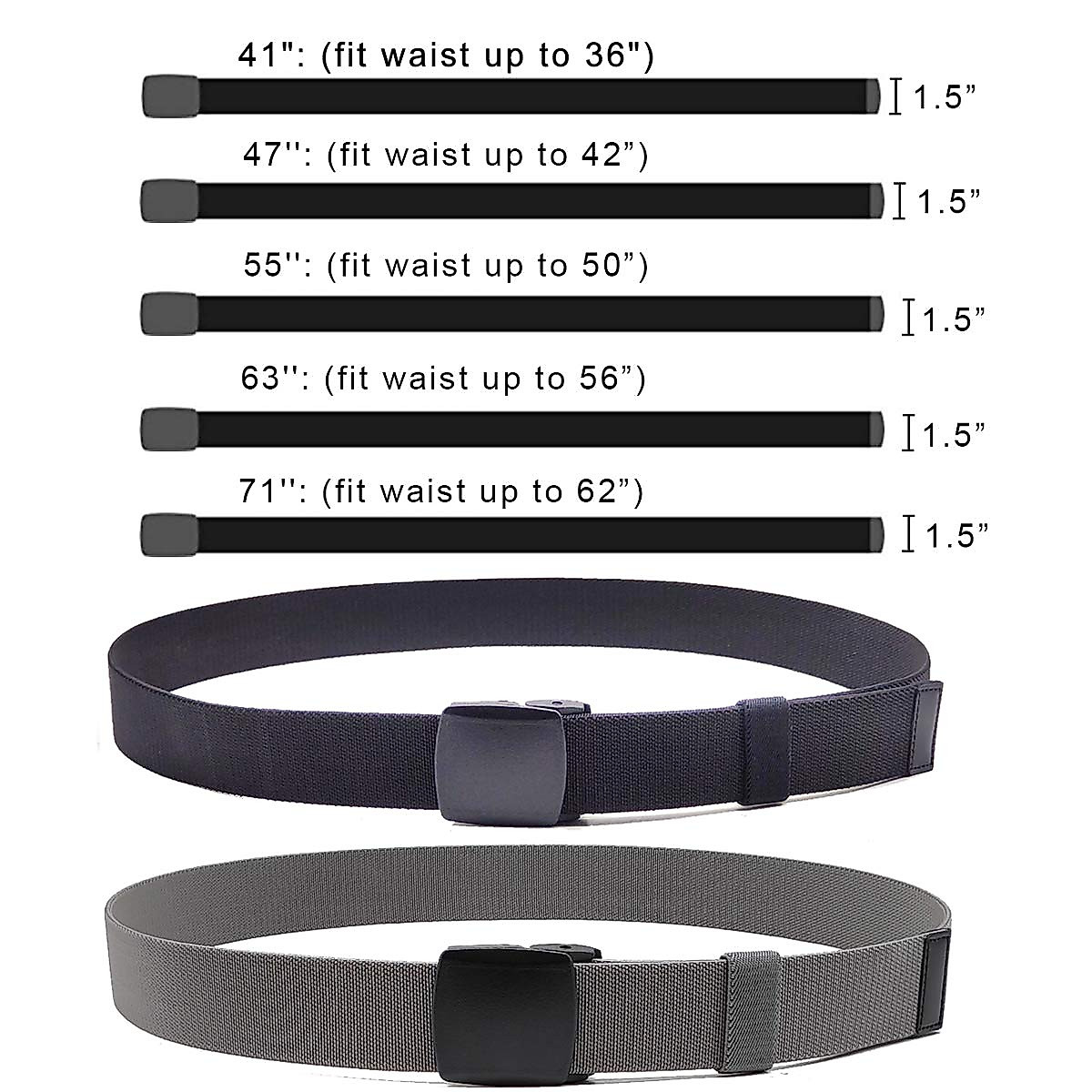 HOANAN 2-Pack Elastic Stretch Belt, Men’s All Size No Metal Nylon Tactical Hiking Belt (Blackgrey, Fit up to 36")