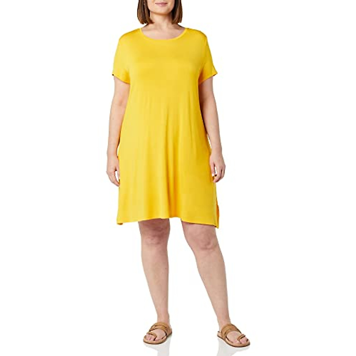 Amazon Essentials Women's Short-Sleeve Scoop Neck Swing Dress (Available in Plus Size), Yellow, X-Large
