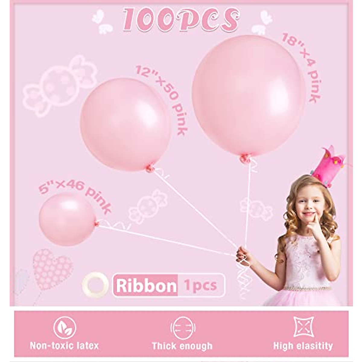 Ponamfo Pink Balloon Arch Kit - 100Pcs 18"+12"+5" Pastel Light Pink Balloons Different Size as Birthday Balloons Gender Reveal Balloons Baby Shower Balloons Wedding Anniversary Bridal Shower Party