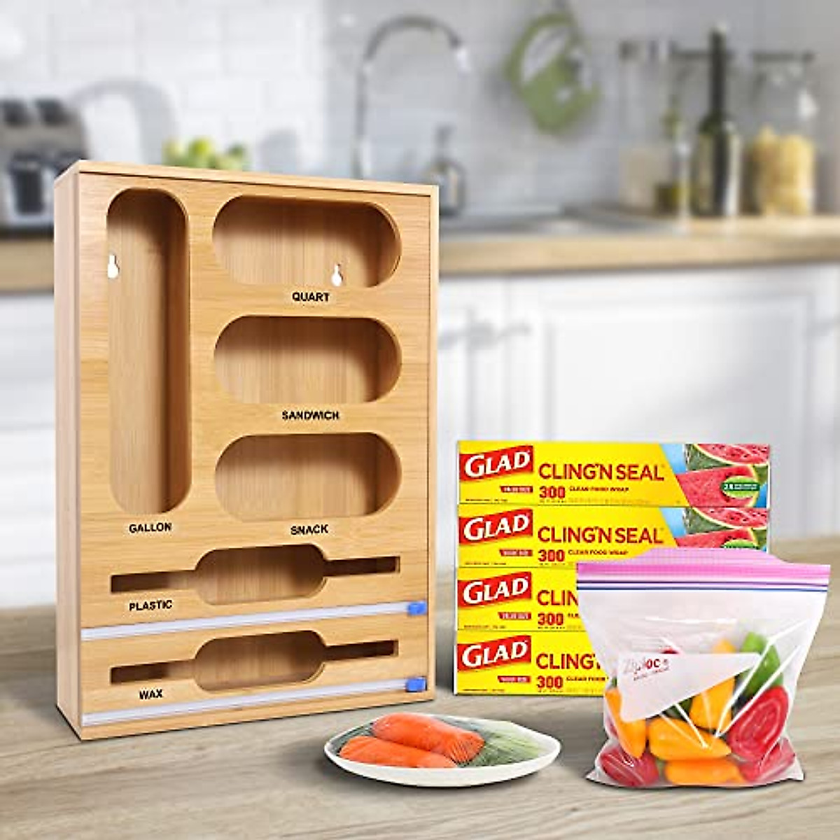 Ziplock Bag Organizer, 6 in 1 Bamboo Food Storage Bag for Kitchen Drawer or Wall Mount, Cling Film Dispenser with Slide Cutter, Multipurpose Bag Holder Box Suitable for Wax Variety Size Bags