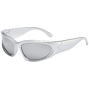Wrap Around Sunglasses Polarized for Women men Y2k Fashion Sporty Silver Shades Vintage Trendy Oval 90s Futuristic Sun Glasses silver Mirrored