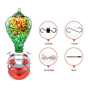 Muse Garden Hummingbird Feeder for Outdoors 2 Pack, Hand Blown Glass, 34 Ounces, Containing Ant Moat, Daylight and Peacock