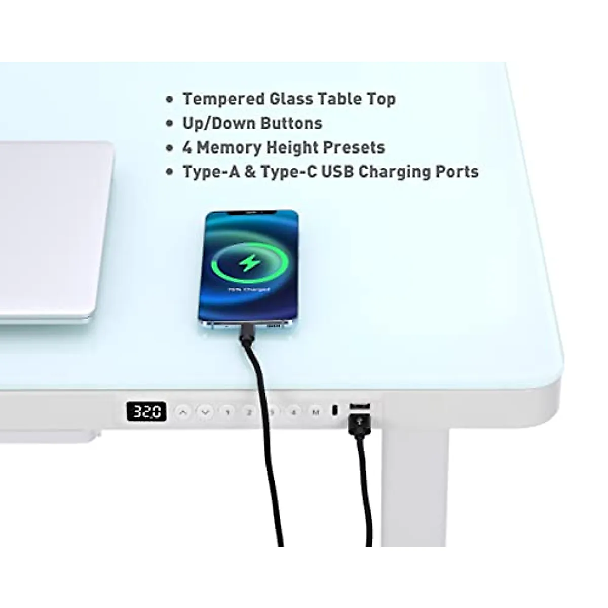 FARRAY Electric Glass Standing Desk with Drawer, 45 x 24 Inch Adjustable Height Desk with Power Strip & USB Ports, White Stand Up Desk, Sit Stand Desk Glass Top