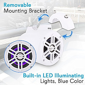 Pyle Waterproof Marine Wakeboard Tower Speakers - 4in Dual Subwoofer Speaker Set w/LED Lights & Bluetooth for Wireless Music Streaming - Boat Audio System w/Mounting Clamps PLMRLEWB47WB (White)