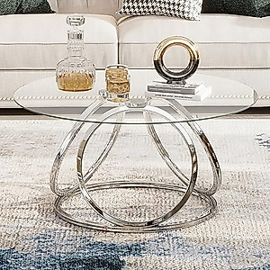 O&K FURNITURE Round Coffee Table, Modern Silver Coffee Table Living Room Table with Ring-Shaped Frames, Glass Coffee Table for Home&Office, Chrome Finish, 1 PC
