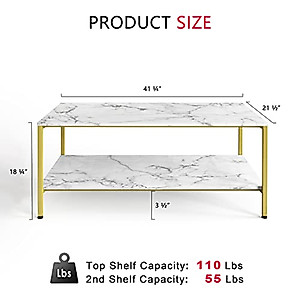 PrimeZone Coffee Table for Living Room - 2 Tier Rectangle Modern Coffee Table 21.5" D x 41" W x 18" H, Sofa Center Table with Gold Metal Frame, White Faux Marble