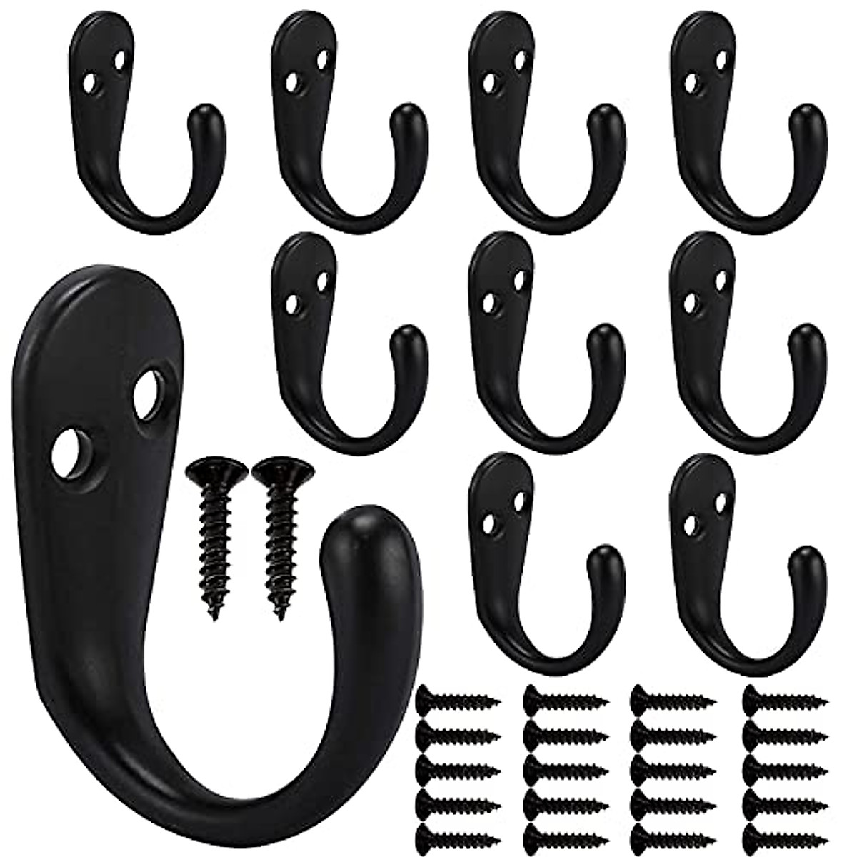 SOEAEODG 10 Pieces Wall Mounted Coat Hook Robe Hook Flat Black Towel Holder for Bathroom, Bathroom Accessories and 22Pieces Screws for Bath Kitchen Garage Single Coat Hanger (Black Color)