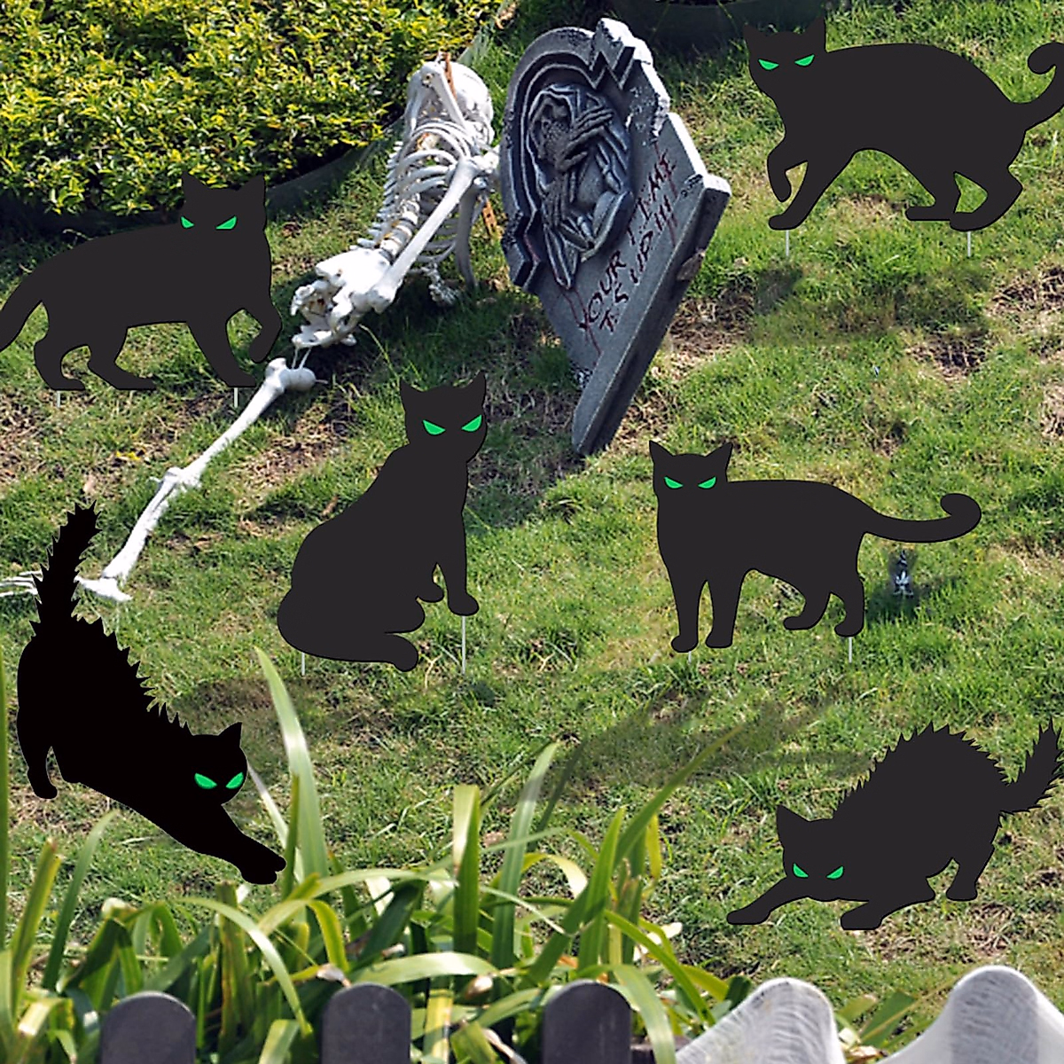 6 Pack Halloween Black Cat Yard Sign for Outdoor Decorations with Stakes Glow in the Dark Eyes, Waterproof Cat Silhouette Lawn Decorations for Garden Yard Patio Halloween Decor