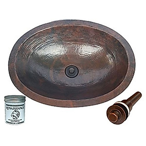 SimplyCopper 19" Oval Copper Bath Sink Drop In or Under Mount with Drain and Renaissance Wax