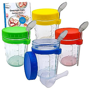 KARD LABS - Overnight Oats Jar Set with Recipe Book, 16 oz Glass Mason Jars for Overnight Oats with Measuring Cup, Lids and Stainless Steel Spoons, 4 Pack
