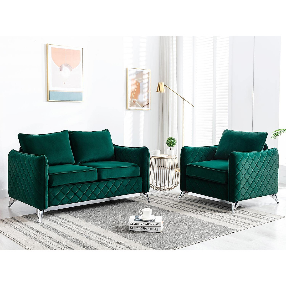 Altrobene Velvet Loveseat, Modern Sofa Chair Couch for Two People, Soft Upholstered, Silver Tone Metal Legs, Christmas Green