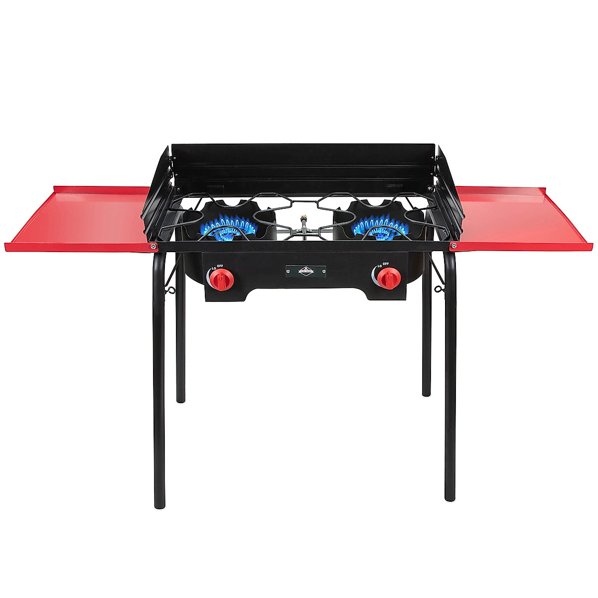 Hike Crew Cast Iron Double-Burner Outdoor Gas Stove | 150,000 BTU Portable Propane-Powered Cooktop with Removable Legs, Temperature Control Knobs, Wind Panels, Hose, Regulator & Storage Carry Case