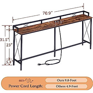 VECELO Couch Side & Console Table with 2 Outlets and USB Ports, 70.9 Inches, Brown