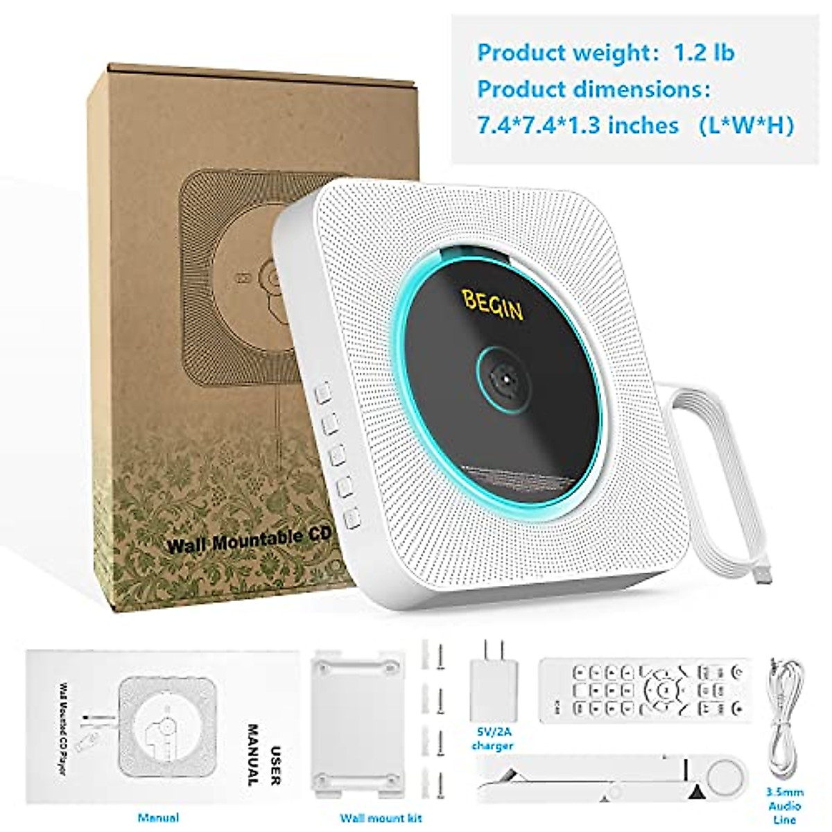 AONCO Portable CD Player,Bluetooth Wall-Mounted CD Music Player Home Audio Speaker,with Remote Control FM Radio Built-in HiFi Speaker,MP3 Headphone Jack Aux Out,White