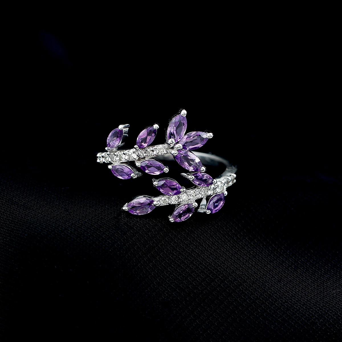 Rosec Jewels 2 CT Real Amethyst and Diamond Leaf Wrap Ring for Women | AAA Quality, 14K White Gold, Size:US 6.50