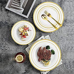 Gold Plastic Plates, MCIRCO 100 Pieces Disposable Party Plates for Weddings, Premium Gold Rim Plates, Include 50 10.25 Inch Dinner Plates and 50 7.5 Inch Dessert Appetizer Plates