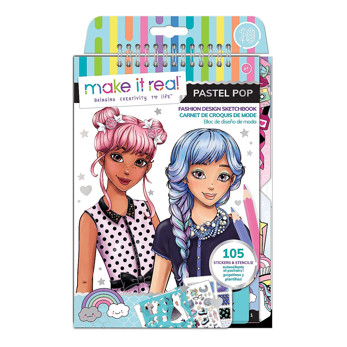 Make It Real Fashion Design Sketchbook for Girls - Pastel Pop Kit with 105 Stickers, Stencils, Design Guide - Pastel & Rainbow-Themed Fashion, Creative Gift Kids Ages 6+, Develops Real-World Skills