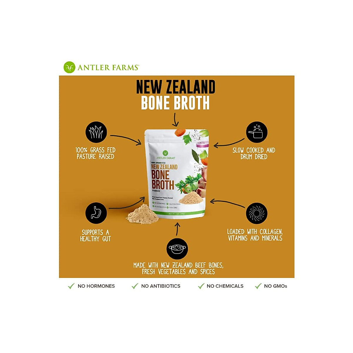 Antler Farms - 100% Grass Fed New Zealand Bone Broth Powder, 40 servings, 200g - Slow Cooked, Gently Dried, Light Flavor, No Hormones, No Antibiotics, No GMOs