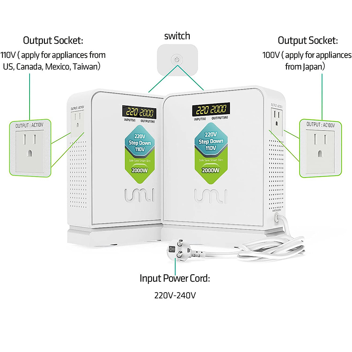 UMI 1200W 2000W Step Down Voltage 220v to 110v Converter, Heavy Duty Power Converter 220V to 110V, Good Transformer for Overseas, Step Down Converter 220V to 110V - US to Europe Voltage Converte