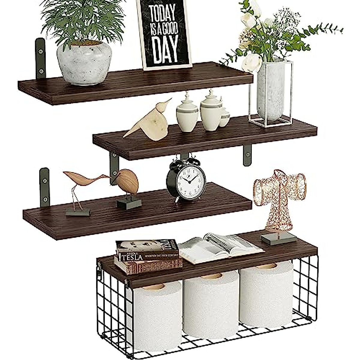 Floating Shelves with Storage Basket, Bathroom Shelves Over Toilet Paper Holder Storage Shelves, Wall Mounted Rustic Wood Shelves for Bathroom, Bedroom, Living Room, Kitchen(Brown, Set of 4)