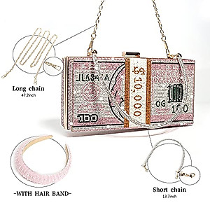 2 Pcs Set Rhinestone US Dollar Purse Party Evening Handbags Wedding Dinner Bag Stack of Cash Clutch Purses Wallet with Crystal Headbands
