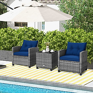 Tangkula 3 Pieces Patio Furniture Set, Outdoor PE Rattan Conversation Chair Set with Tempered Glass Side Table and Removable Cushions, PE Wicker Chairs and Table Set for Porch, Balcony and Garden