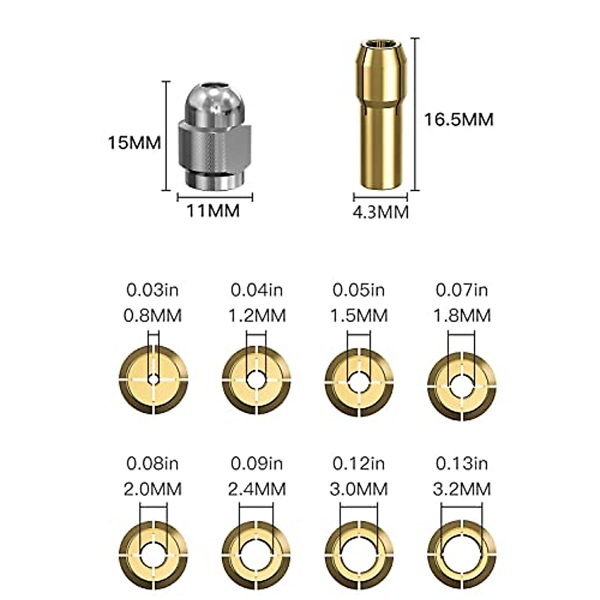 Drill Chuck Collet Set for Dremel, 1/32" to 1/8" Replacement 4486 Drill Keyless Bit Chuck Shank Rotary Tool Quick Change Adapter with Replacement 4485 Brass Quick Change Rotary Drill Nut Tool Set