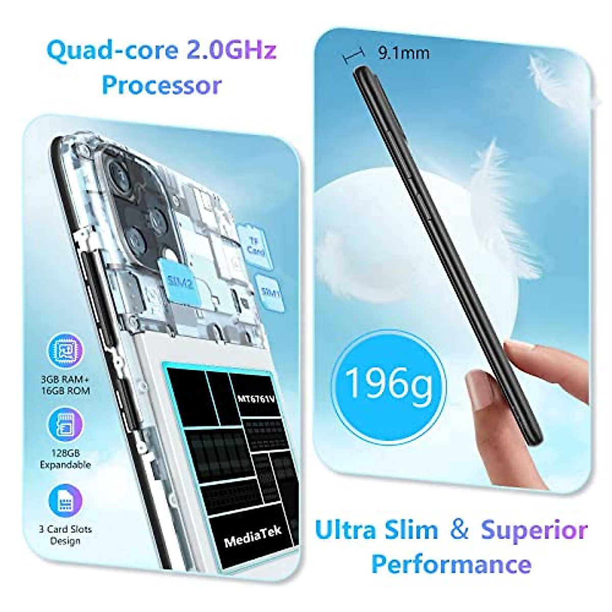 Blackview A55 Smart Phone, 6.528 inches Unlocked Phones HD+ Waterdrop Screen, 3GB+16GB/SD 128GB, 4780mAh Battery, 8+5MP Camera, Android 11 Unlocked Cell Phones, Triple Card Slots, GPS, Face ID