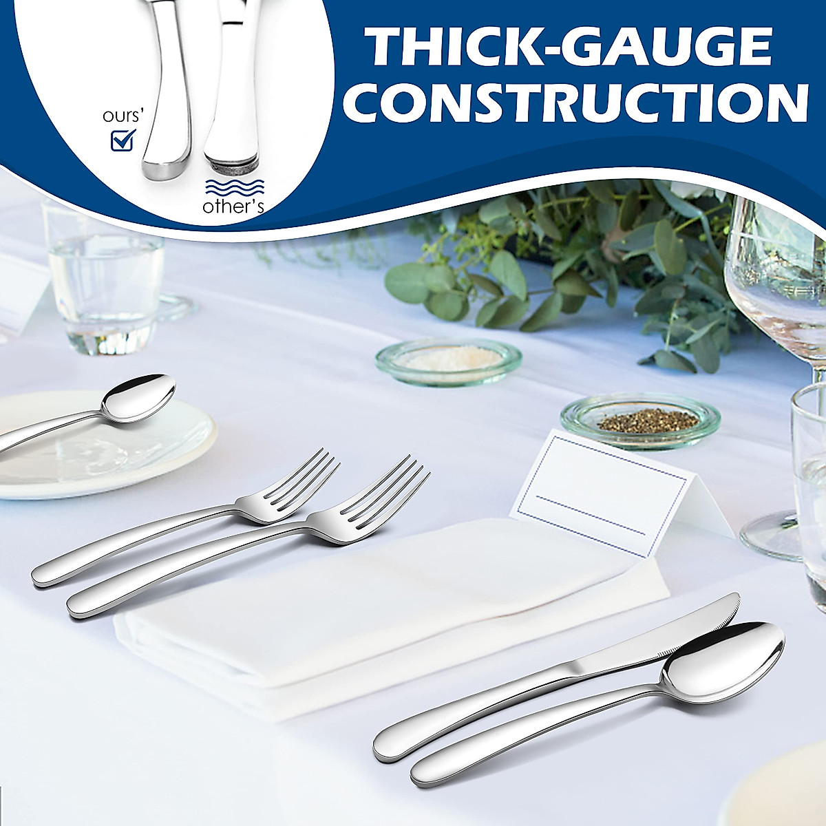 E-far Heavy Duty Silverware Set for 8, 40-Piece Stainless Steel Flatware Cutlery Set, Heavy Weight Metal Eating Utensils Sets for Home Restaurant Weddings, Mirror Polished & Dishwasher Safe