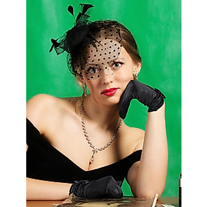 Geyoga 50s Fascinator Hat for Women Funeral Veil Hat Pillbox Cocktail Tea Party Headpiece and Lace Glove (Black,Elegant Style)