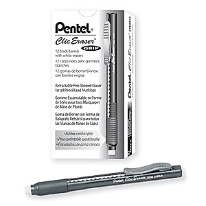 Pentel Clic Eraser Grip, Retractable Eraser, Black Barrel, Box of 12 (ZE22A)