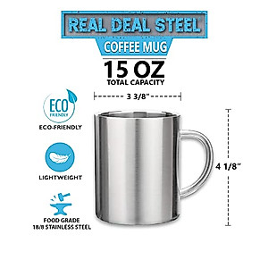 Stainless Steel Double Walled Mugs: 100% BPA Free,15 oz Metal Coffee & Tea Cup Mug - Insulated Cups with Handles Keep Drinks Hot or Cold Longer - Durable for Camping - Set of 2 Shatter Proof Mugs