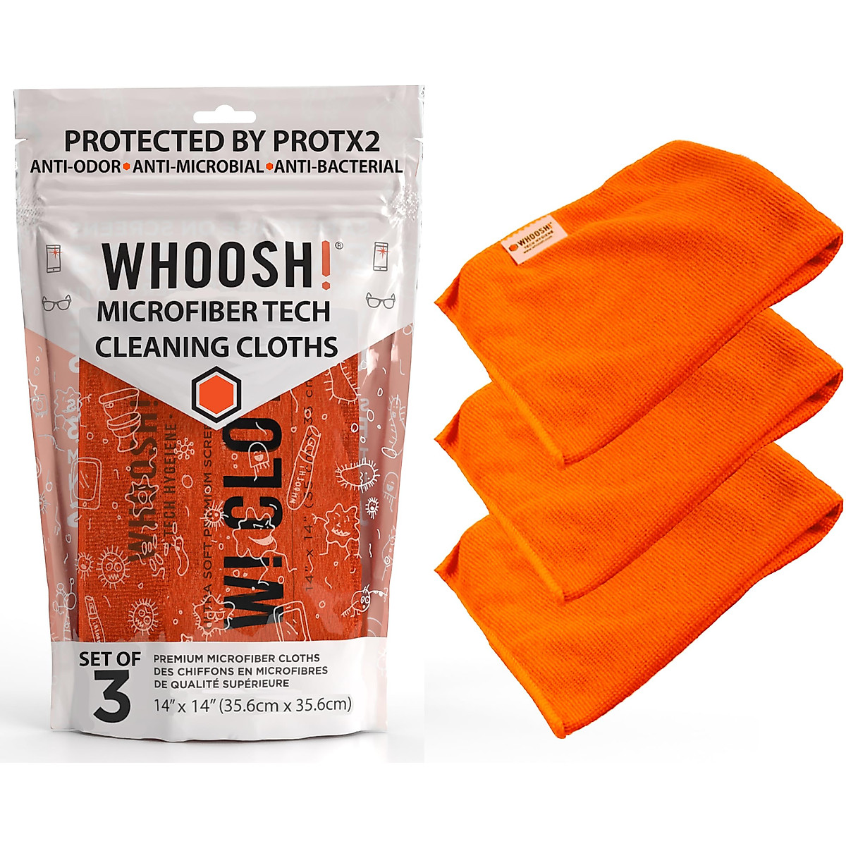 WHOOSH! Microfiber Cleaning Cloth, 3 Pack, Glasses and Screen Cleaning Cloth, Suitable for TV, Car Screen, Computer, Laptop, iPad, MacBook, Smart Phone, Monitor, Watches (14”x14”), Orange