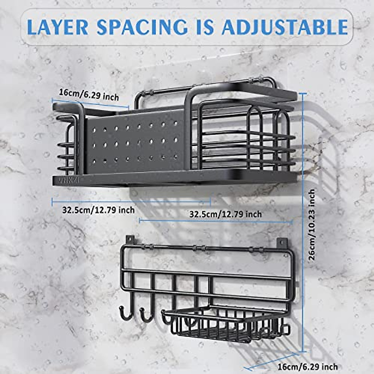 VNKZI Full Stainless Steel Adhesive Shower Caddy Shelf Organizer, No Drilling Rustproof Wall Stall Basket High Suction Shelves with Soap Sponge Holder, Bathroom Storage Rack