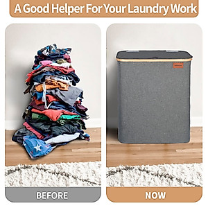 BESHOOME Grey Laundry Hamper with Lid, 140L Extra Large Laundry Basket, 2 Section Laundry Hamper, Laundry Hamper with Handle and Removable Bags, Double Laundry Hamper, Foldable Dirty Clothes Hamper