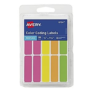 Avery Removable Color-Coding Labels, Removable Adhesive, 1/2" x 1-3/4", Assorted Neon Colors, 180 Labels (6724)