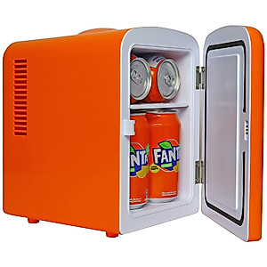 Coca-Cola Fanta 4L Cooler/Warmer w/ 12V DC and 110V AC Cords, 6 Can Portable Mini Fridge, Personal Travel Refrigerator for Snacks Lunch Drinks Cosmetics, Desk Home Office Dorm, Orange